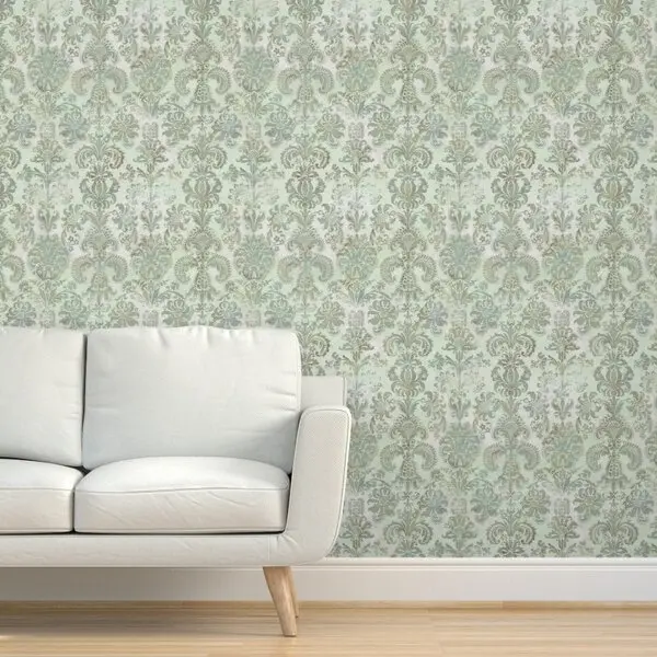 Spoonflower Grunge Damask Duck Egg Blue Sage Custom Pre-pasted Wallpaper - Green