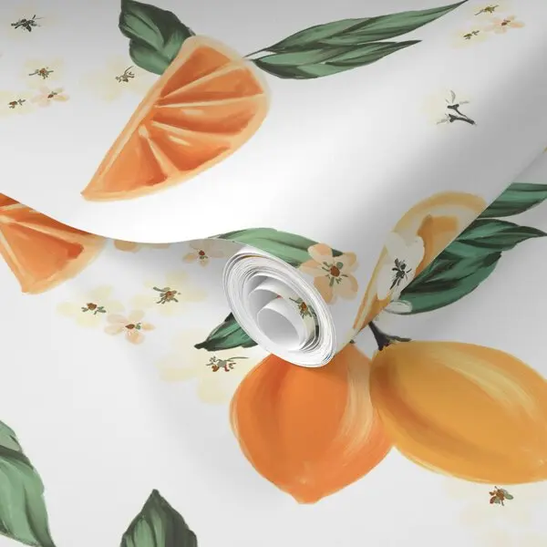 Spoonflower White Green Yellow Floral Orange Fruit Citrus Custom Pre-pasted Wallpaper - Brown,gray,orange
