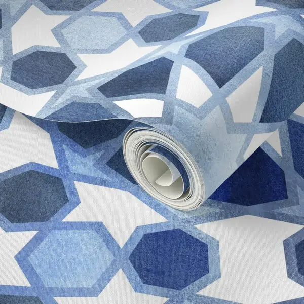 Spoonflower Geometric Moroccan Tile Fashion Nursery And Custom Pre-pasted Wallpaper - Blue