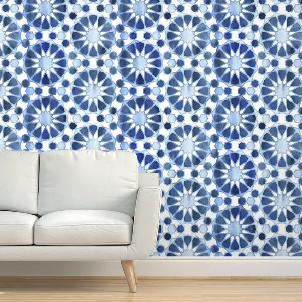 Spoonflower Geometric Moroccan Tile Fashion Nursery And Custom Pre-pasted Wallpaper - Blue