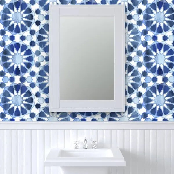 Spoonflower Geometric Moroccan Tile Fashion Nursery And Custom Pre-pasted Wallpaper - Blue