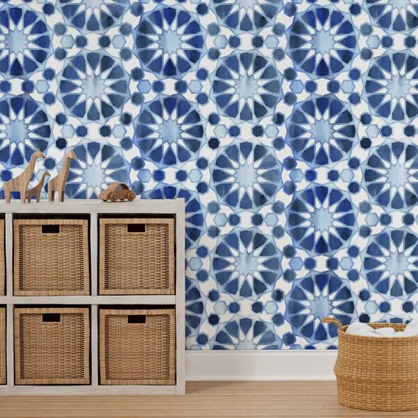 Spoonflower Geometric Moroccan Tile Fashion Nursery And Custom Pre-pasted Wallpaper - Blue