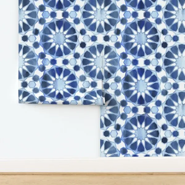 Spoonflower Geometric Moroccan Tile Fashion Nursery And Custom Pre-pasted Wallpaper - Blue