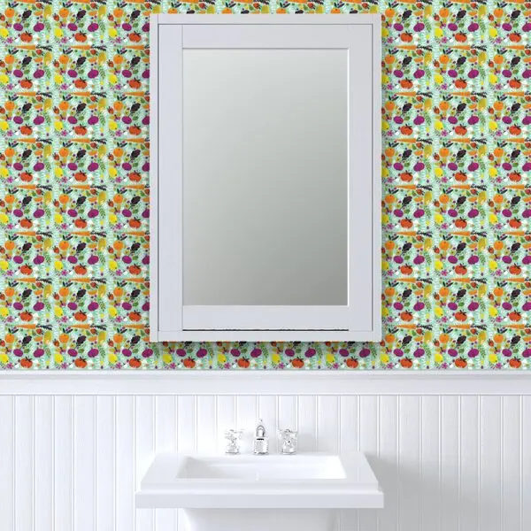 Spoonflower Veggies Fruit Produce Greens Turquoise Retro Dots Custom Pre-pasted Wallpaper