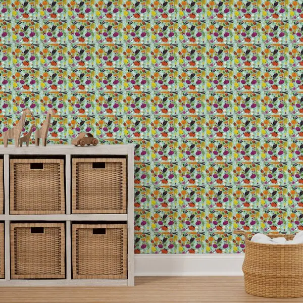 Spoonflower Veggies Fruit Produce Greens Turquoise Retro Dots Custom Pre-pasted Wallpaper