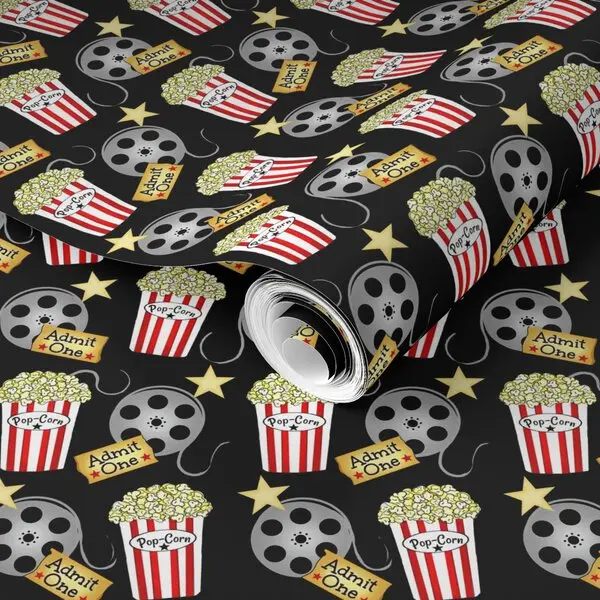 Spoonflower Black White Yellow Stars Red Gold Popcorn Custom Pre-pasted Wallpaper - Brown,beige,green
