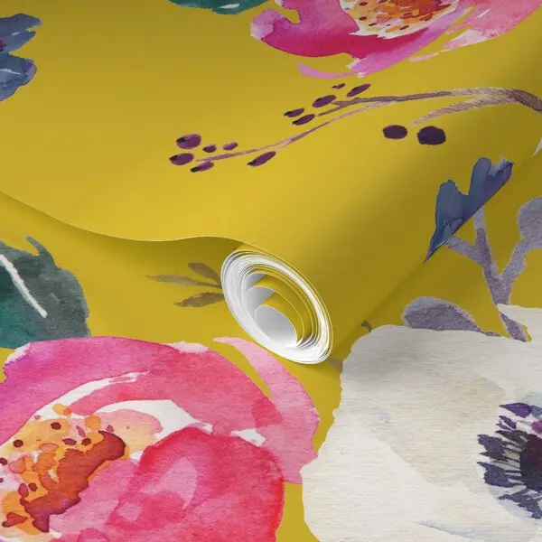Spoonflower Yellow Boho Purple Floral Print Mustard Color Traditional Wallpaper - Yellow,pink,blue