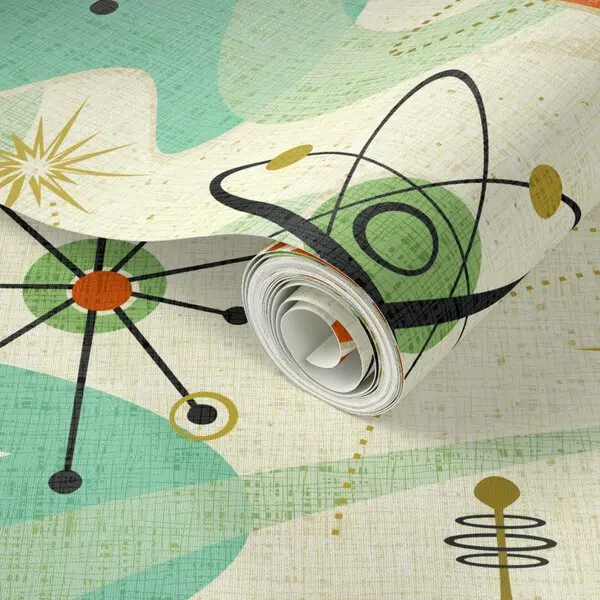 Spoonflower Intergalactic Abstract Custom Pre-pasted Wallpaper - Blue,orange,sage
