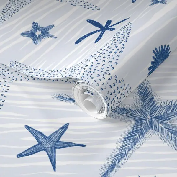 Spoonflower Starfish And Stripes Blue Custom Pre-pasted Wallpaper