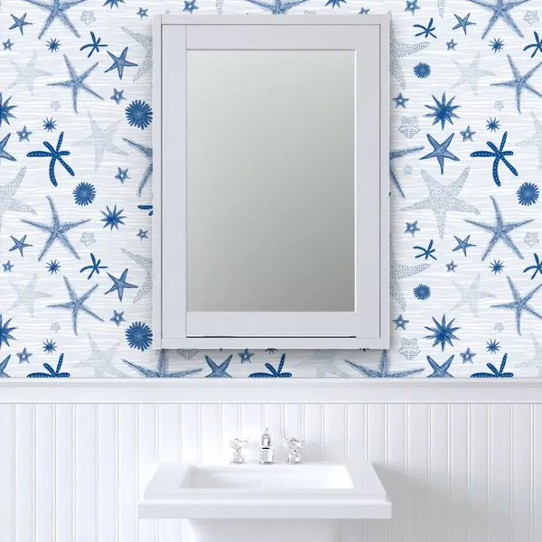 Spoonflower Starfish And Stripes Blue Custom Pre-pasted Wallpaper