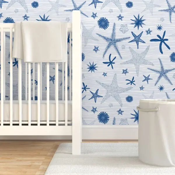Spoonflower Starfish And Stripes Blue Custom Pre-pasted Wallpaper