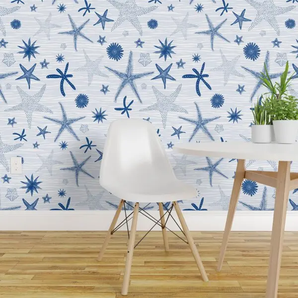 Spoonflower Starfish And Stripes Blue Custom Pre-pasted Wallpaper