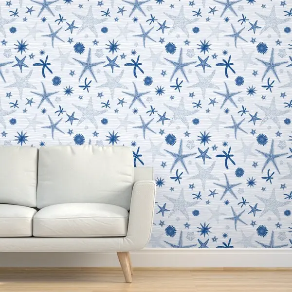 Spoonflower Starfish And Stripes Blue Custom Pre-pasted Wallpaper