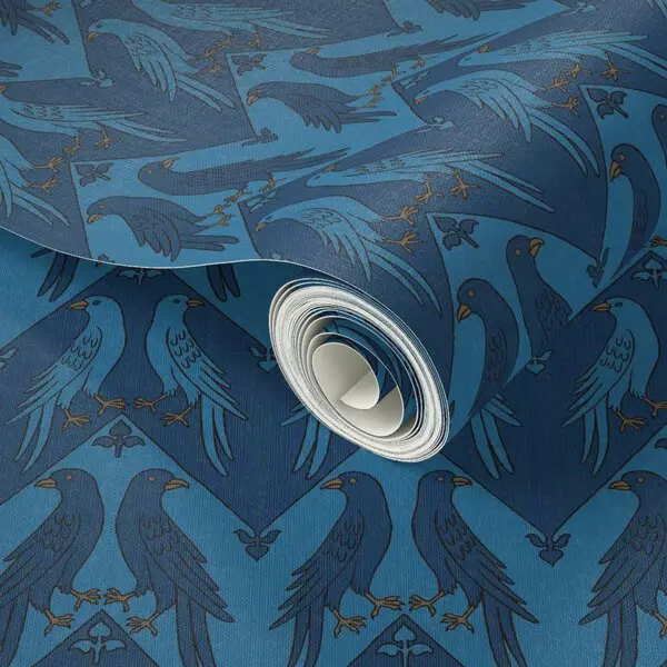Spoonflower Historic Blue Birds Chevron Victorian Art Deco Custom Pre-pasted Wallpaper - Blue,indigo