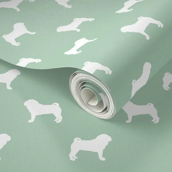 Spoonflower Mint Green Pug Silhouette Custom Pre-pasted Wallpaper - Green,mint