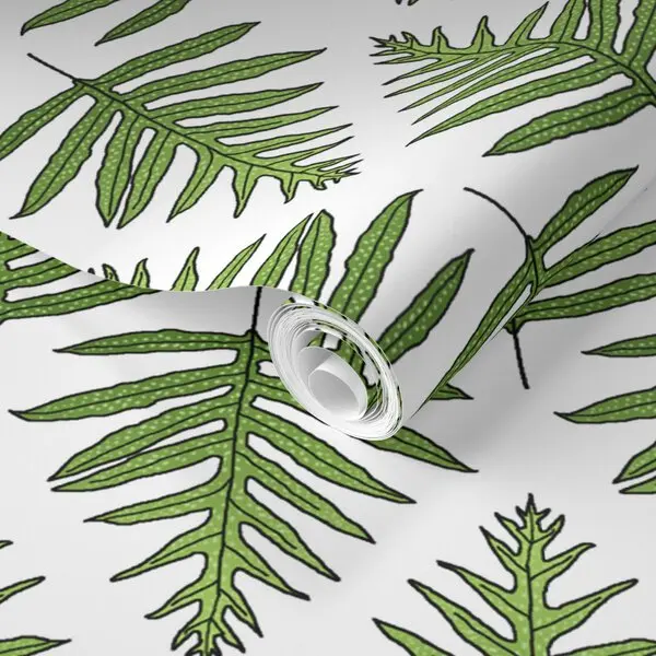 Spoonflower Hawaiian Ferns Tropical Garden White Lauae Traditional Wallpaper - Green