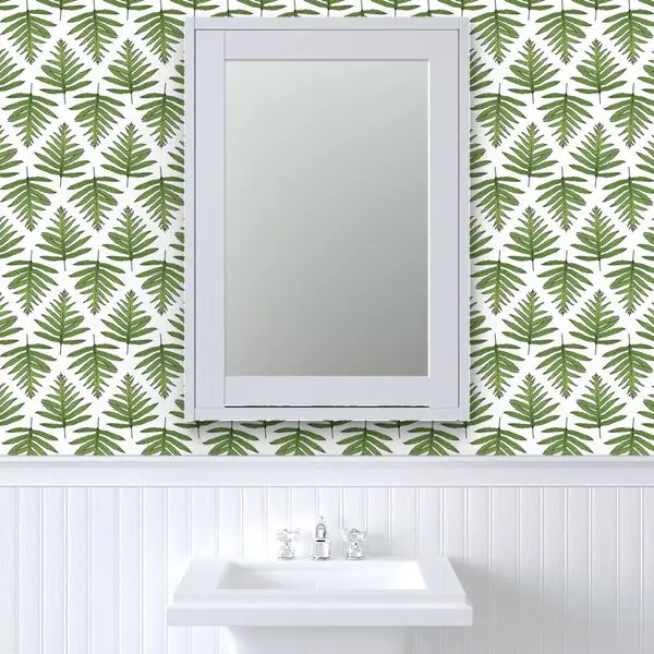 Spoonflower Hawaiian Ferns Tropical Garden White Lauae Traditional Wallpaper - Green