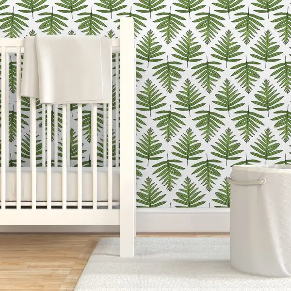 Spoonflower Hawaiian Ferns Tropical Garden White Lauae Traditional Wallpaper - Green