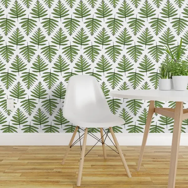 Spoonflower Hawaiian Ferns Tropical Garden White Lauae Traditional Wallpaper - Green