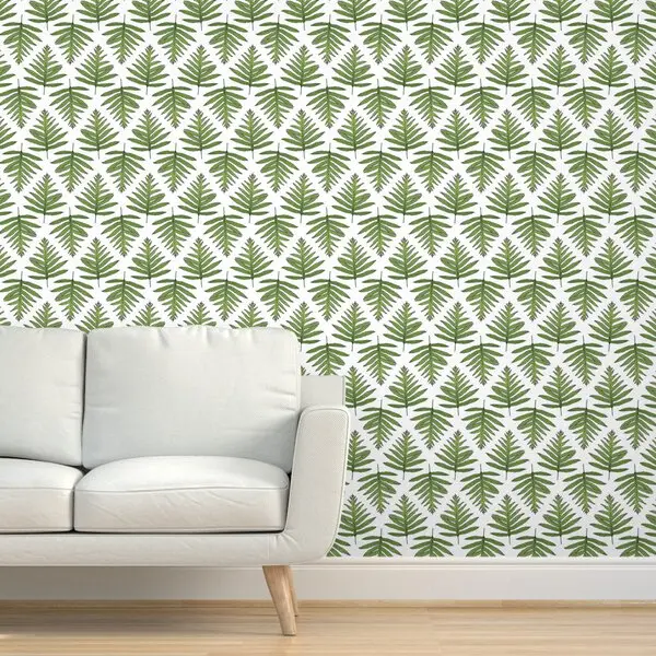 Spoonflower Hawaiian Ferns Tropical Garden White Lauae Traditional Wallpaper - Green