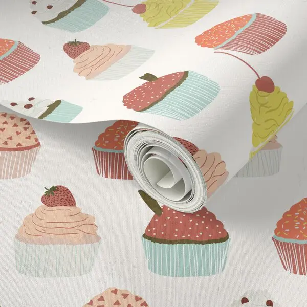 Spoonflower Vintage Cupcakes Cakes Baking Custom Pre-pasted Wallpaper - White,brown,gray