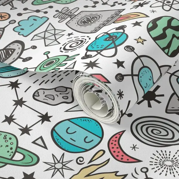 Spoonflower White Space Galaxy Universe Doodle Planets Robots Traditional Wallpaper - White,gray,green