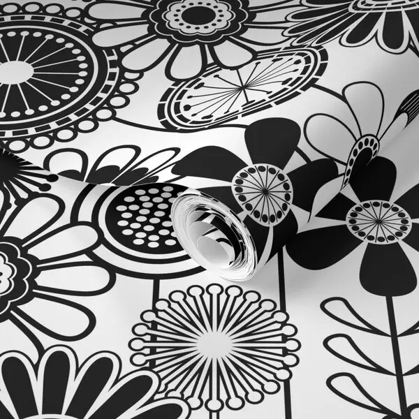 Spoonflower Floral 1950s 1970s Feminine Girly Black Custom Pre-pasted Wallpaper - Black,white,gray