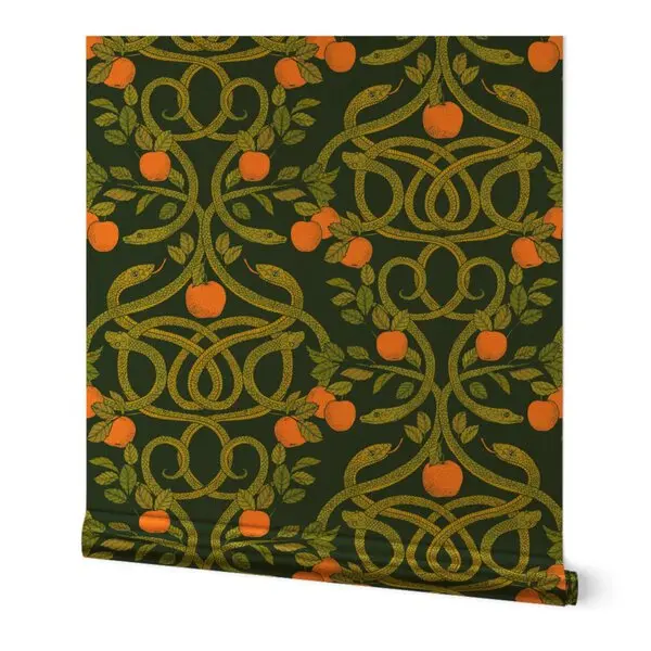 Spoonflower Apples Wallpaper Damask Reptile Snakes Serpentine Custom Pre-pasted Wallpaper