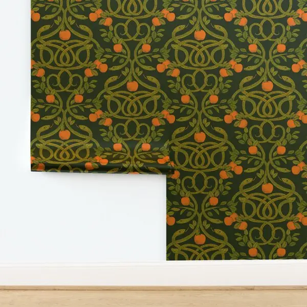 Spoonflower Apples Wallpaper Damask Reptile Snakes Serpentine Custom Pre-pasted Wallpaper