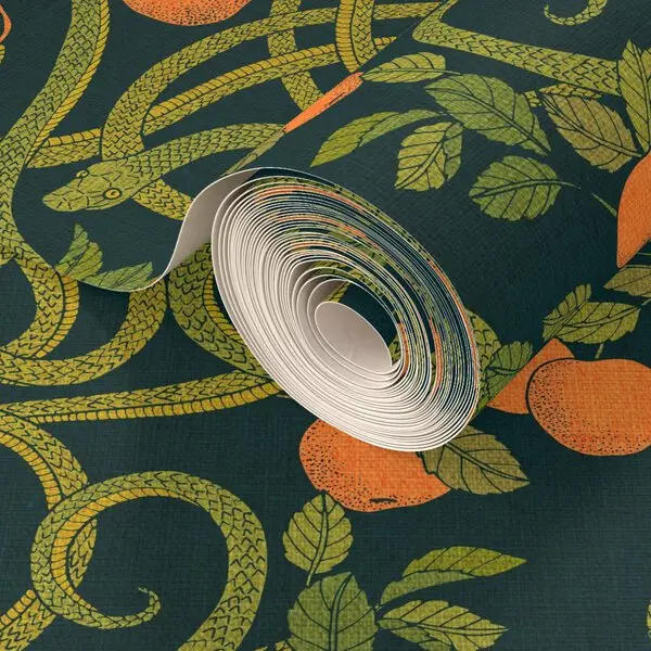 Spoonflower Apples Wallpaper Damask Reptile Snakes Serpentine Custom Pre-pasted Wallpaper - Green
