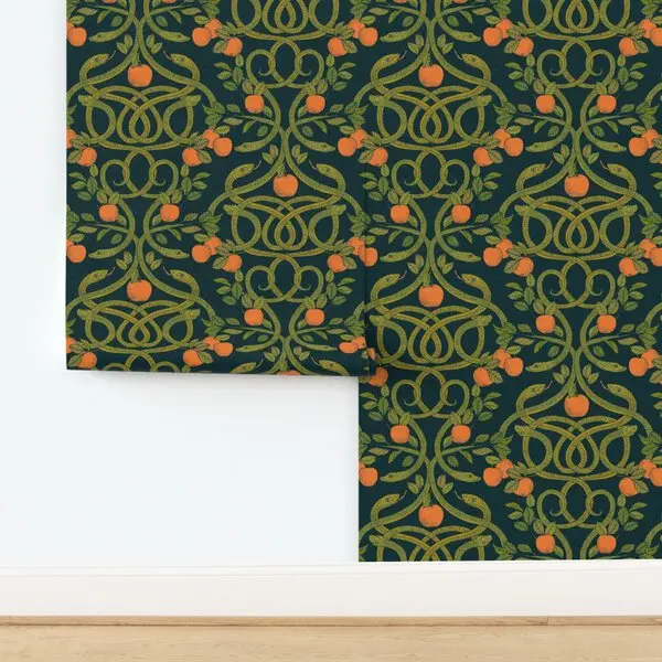 Spoonflower Apples Wallpaper Damask Reptile Snakes Serpentine Custom Pre-pasted Wallpaper