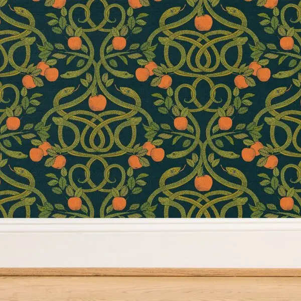Spoonflower Apples Wallpaper Damask Reptile Snakes Serpentine Custom Pre-pasted Wallpaper