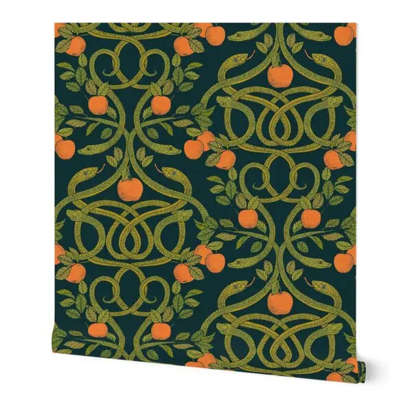 Spoonflower Apples Wallpaper Damask Reptile Snakes Serpentine Custom Pre-pasted Wallpaper