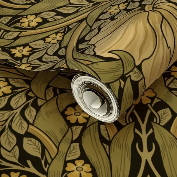 Spoonflower Ornamental William Morris Floral Vintage Arts And Custom Pre-pasted Wallpaper - Black