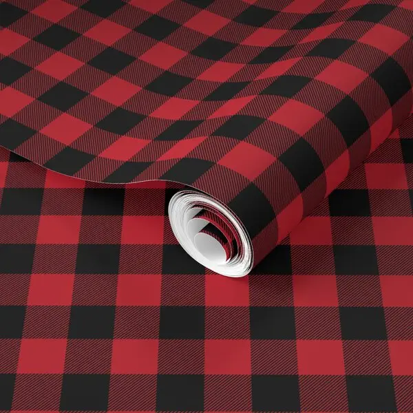 Spoonflower Plaid Red Buffalo Check And Black Lumberjack Custom Removable Wallpaper - Red,brown