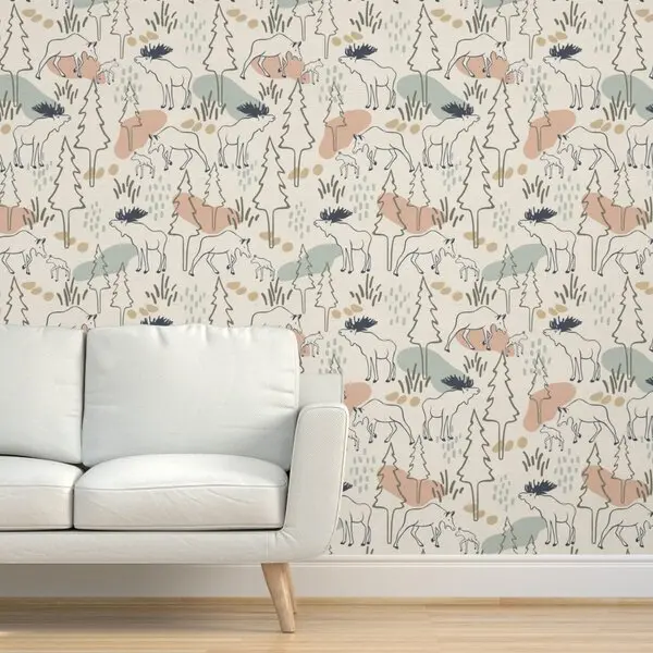 Spoonflower Wilderness Moose Pink Medium 100% Natural Sisal Grasscloth Wallcovering