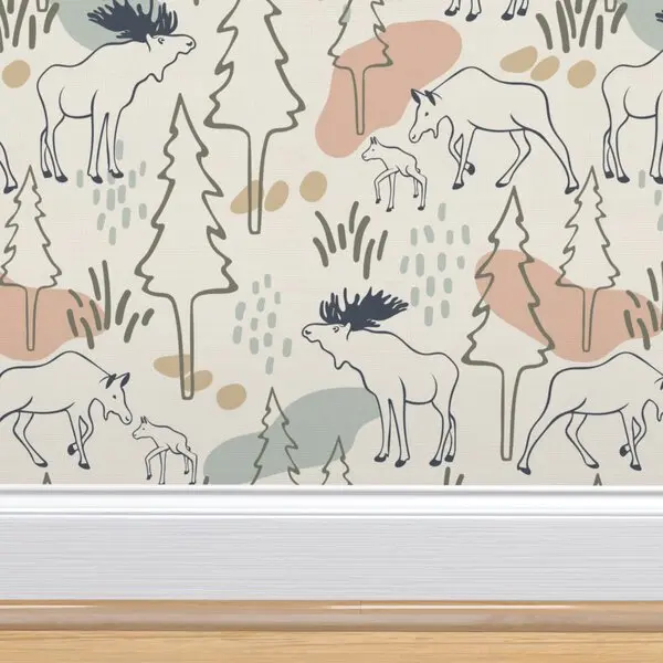 Spoonflower Wilderness Moose Pink Medium 100% Natural Sisal Grasscloth Wallcovering