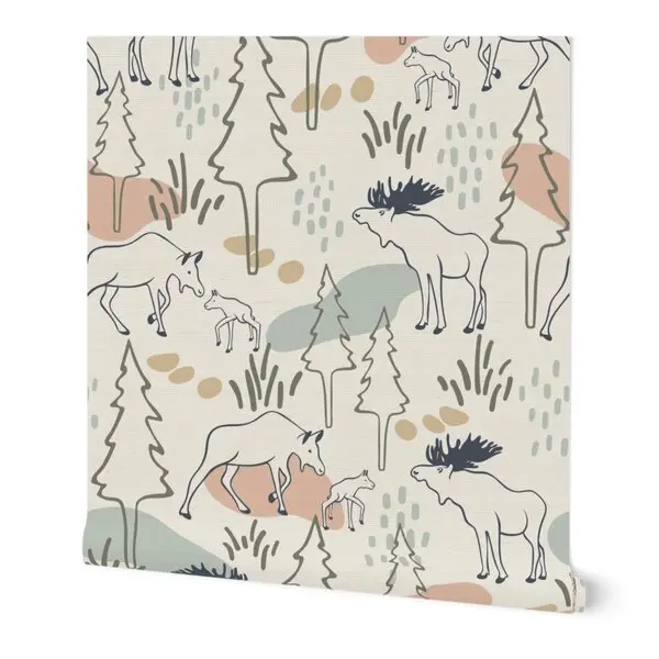 Spoonflower Wilderness Moose Pink Medium 100% Natural Sisal Grasscloth Wallcovering