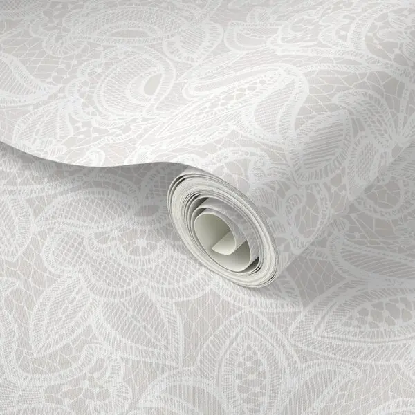 Spoonflower Lace Gray Neutral Floral Cottage Chic Modern Traditional Wallpaper - Beige,white,gray