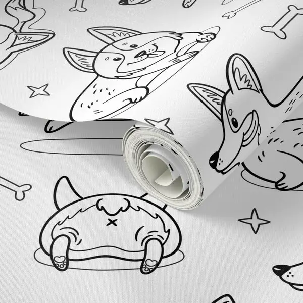 Spoonflower White Corgis Coloring Print Corgi Dogs Cartoon Custom Removable Wallpaper - White,black,gray