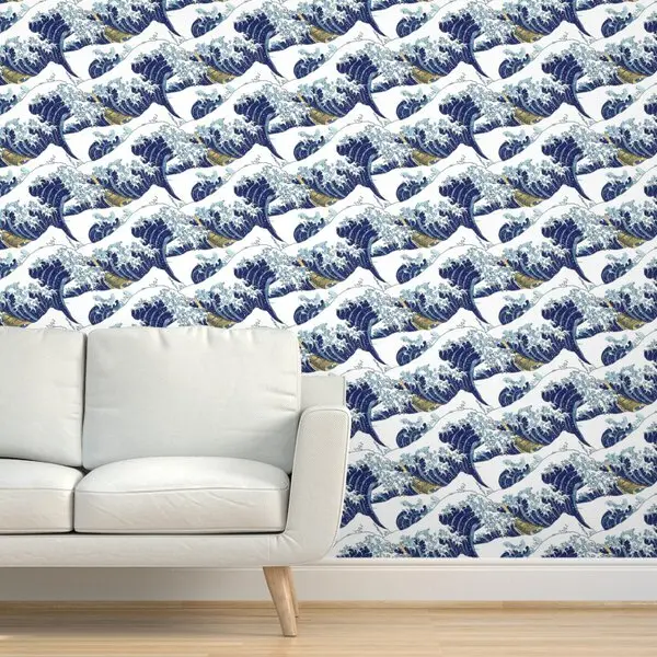 Spoonflower Waves Wave Japanese Water Ocean Print Japan Traditional Wallpaper - Blue