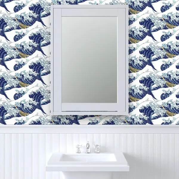 Spoonflower Waves Wave Japanese Water Ocean Print Japan Traditional Wallpaper - Blue