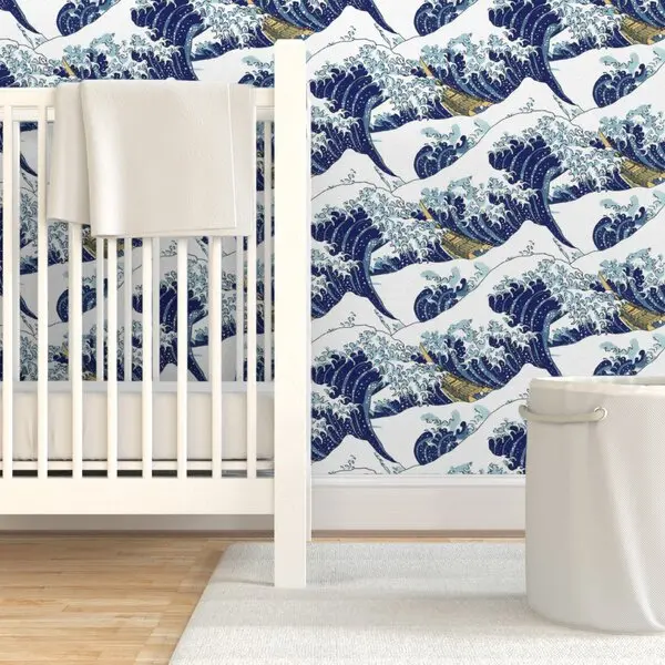 Spoonflower Waves Wave Japanese Water Ocean Print Japan Traditional Wallpaper - Blue