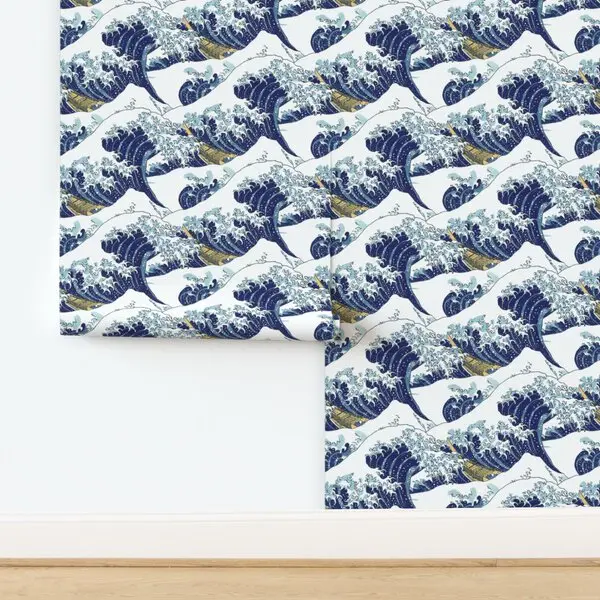 Spoonflower Waves Wave Japanese Water Ocean Print Japan Traditional Wallpaper - Blue