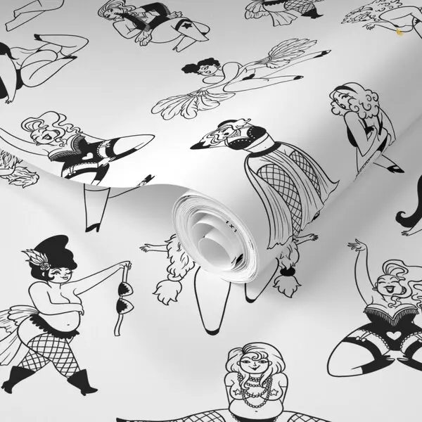Spoonflower Burlesque Ballyhoo White Custom Pre-pasted Wallpaper - Black,white,gray