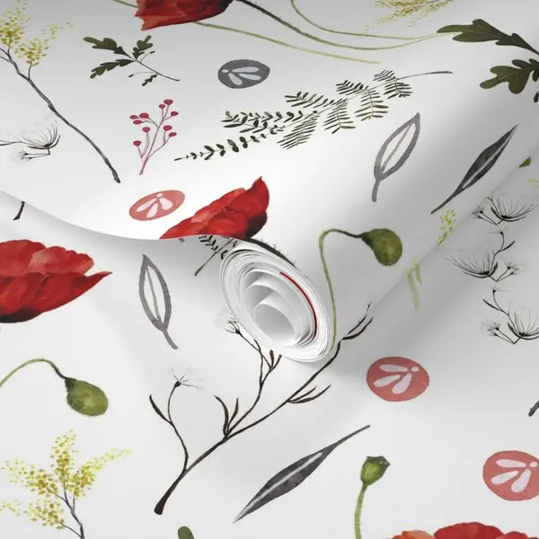 Spoonflower White Flowers Red Berries Poppies Fresh Ferns Custom Pre-pasted Wallpaper - Gray,brown