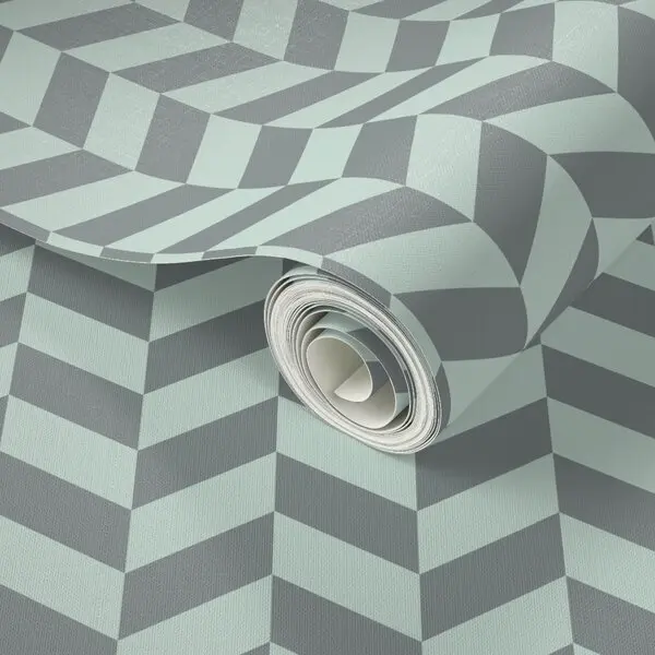 Spoonflower Graphic Herringbone Celadon Green Seafoam Blue Custom Pre-pasted Wallpaper - Gray,mint,green