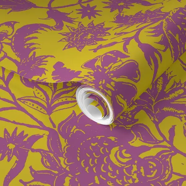 Spoonflower Pink Yellow Purple Classic Toile Jacobean Custom Pre-pasted Wallpaper - Orange,pink,purple