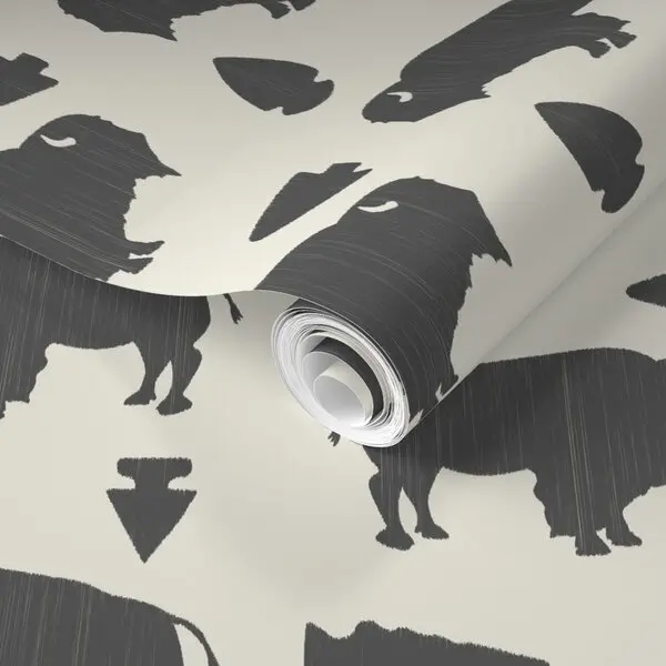 Spoonflower Buffalo Dark Gray Cream Bison Animals Boho Custom Removable Wallpaper - Green,gray