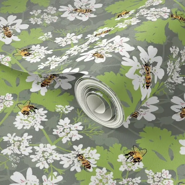 Spoonflower Honeybee Bee Herbs Bold Floral Green And White Traditional Wallpaper - Yellow,green,gray